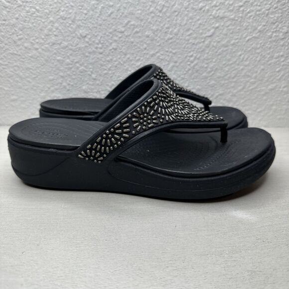CROCS | Shoes | Crocs Monterey Diamante Black Wedge Flip Flop Sandals ...